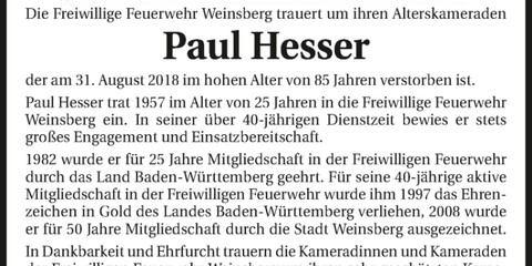 Die Freiwillige Feuerwehr Weinsberg trauert um ihren Alterskameraden ...